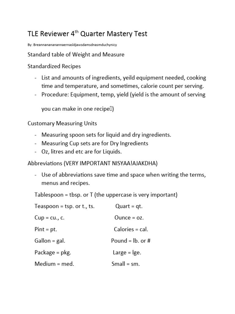 TLE-Reviewer-4th-Quarter-Mastery-Test | PDF | Teaspoon | Gallon