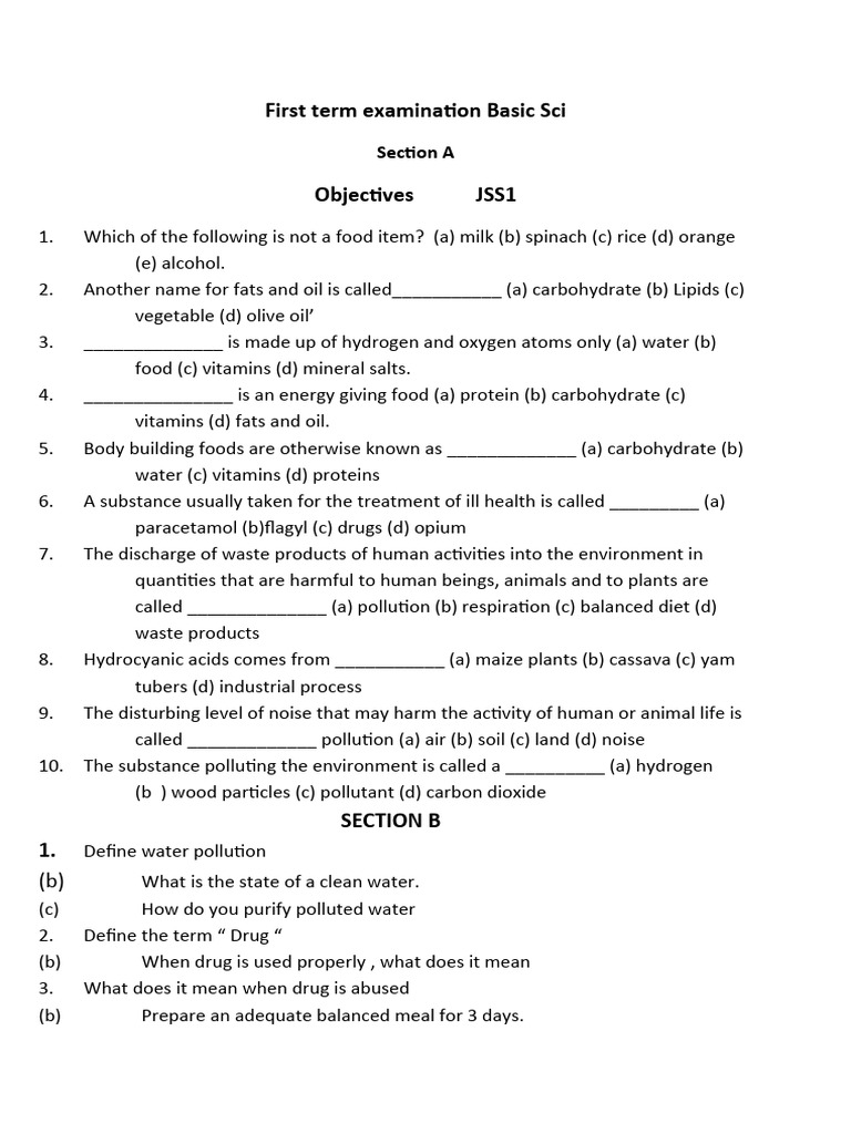 First Term Examination Basic Sci | PDF | Foods | Oil