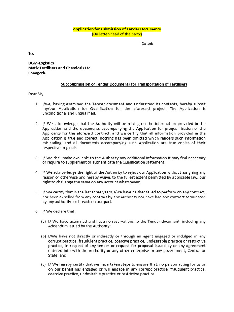 Application Letter For Tender Submission | Download Free PDF | Private ...