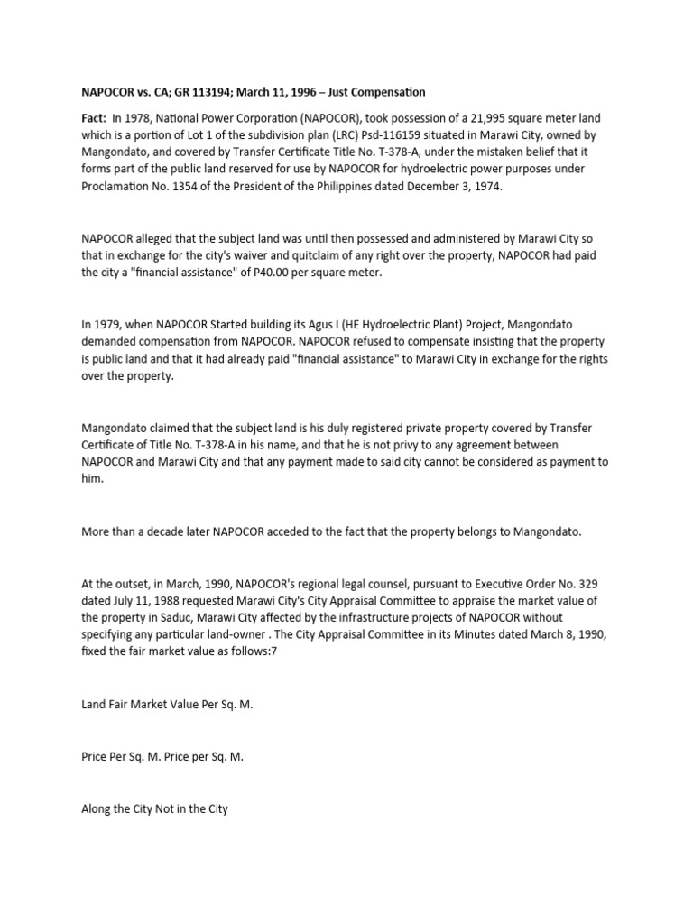 NAPOCOR vs. CA GR 113194 March 11, 1996 - Just Compensation | PDF ...