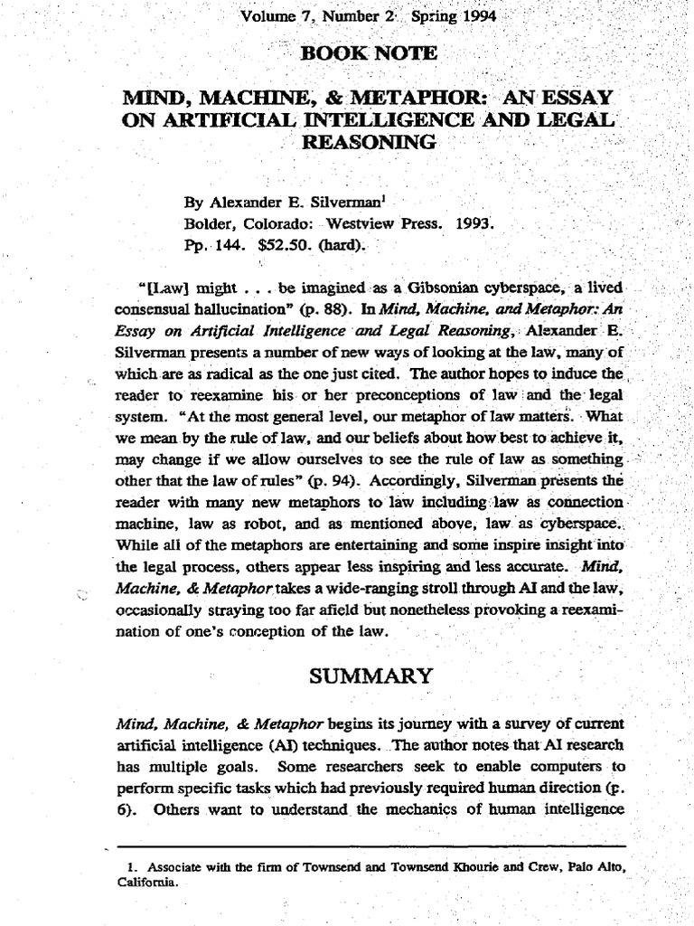 Mind, Machine, &metaphor - An Essay On Artificial Intelligence and Legal Reasoning | PDF ...