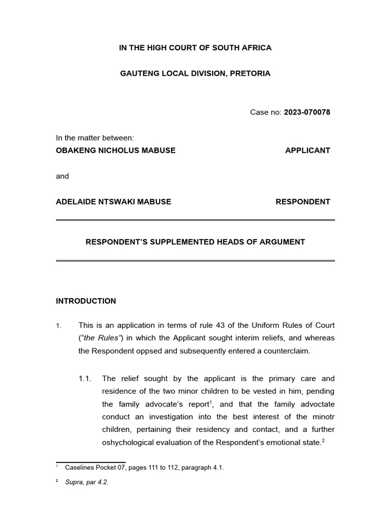 Draft Respondents Short Heads Of Argument Pdf Divorce Marriage