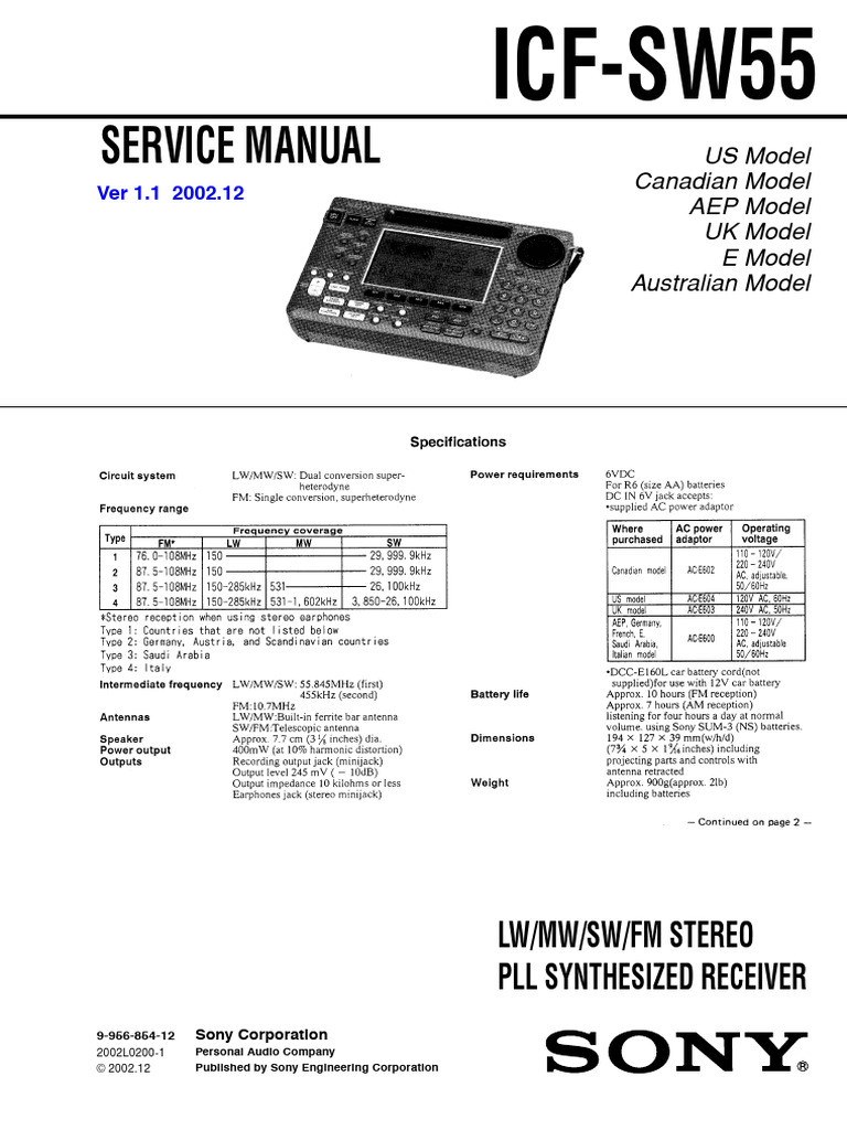 Schematic Sony ICF-SW55 Radio Service Manual | PDF | Integrated Circuit | Paper