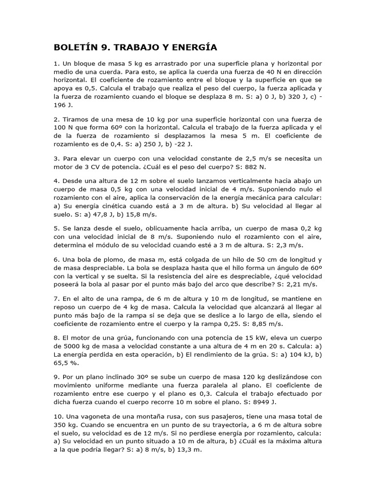 Boletín 9. Trabajo y Energía | PDF | Fricción | Fuerza