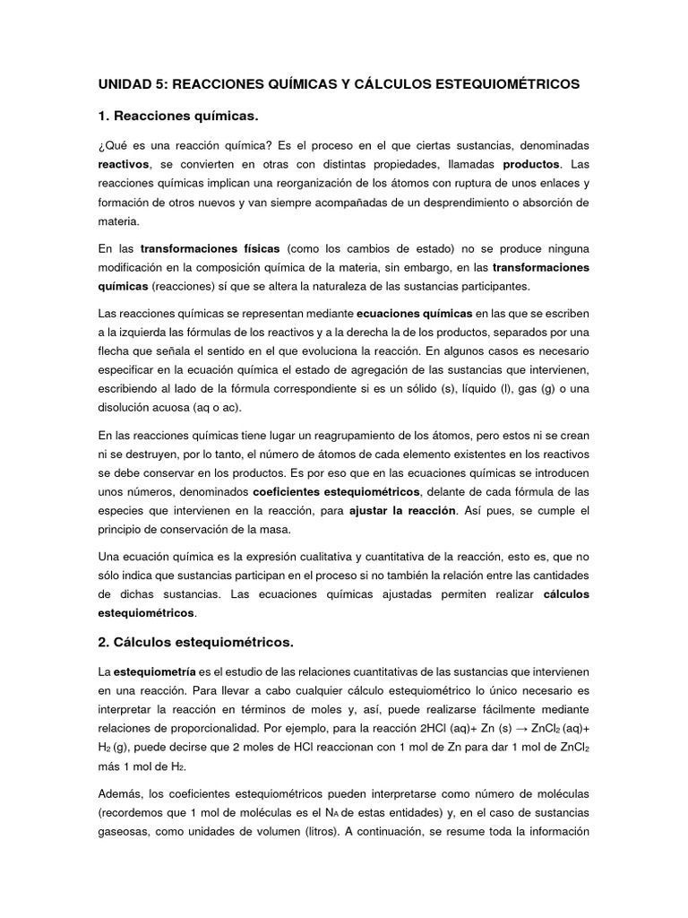 UNIDAD 5 Reacciones Químicas y Cálculos Estequiométricos | PDF | Estequiometría | Reacciones ...