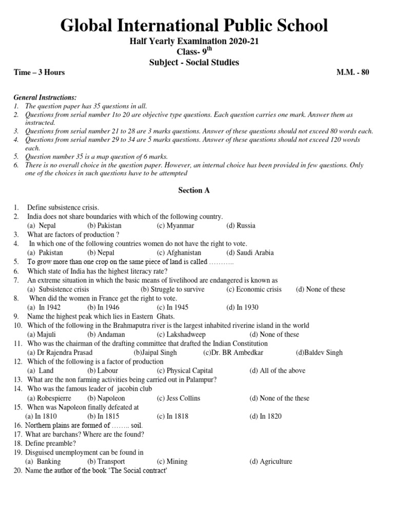 Class 9th SST 2020-2021 Half Yearly | PDF