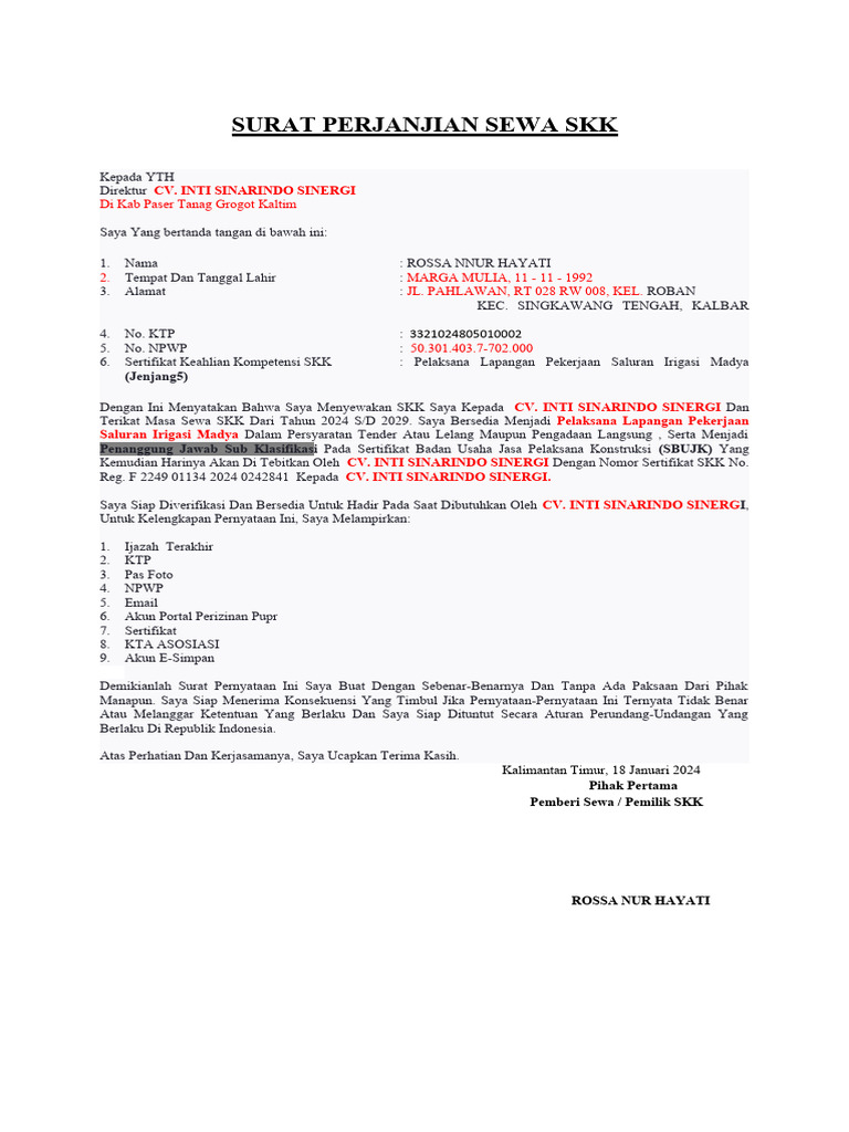 Surat Perjanjian Sewa | PDF