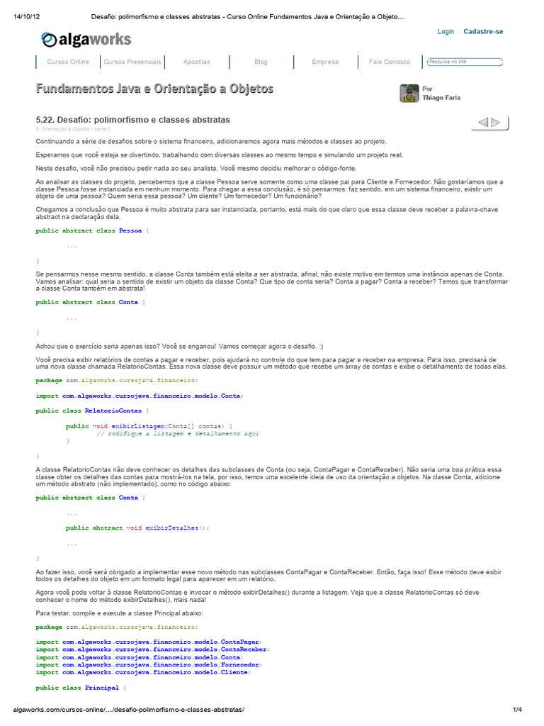 Desafio - Polimorfismo e Classes Abstratas - Curso Online Fundamentos ...