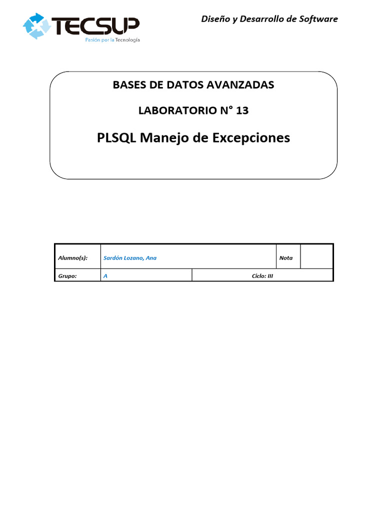 Lab13-BDAV - PLSQL Manejo de Excepciones.d | Descargar gratis PDF | Bases de datos | SQL