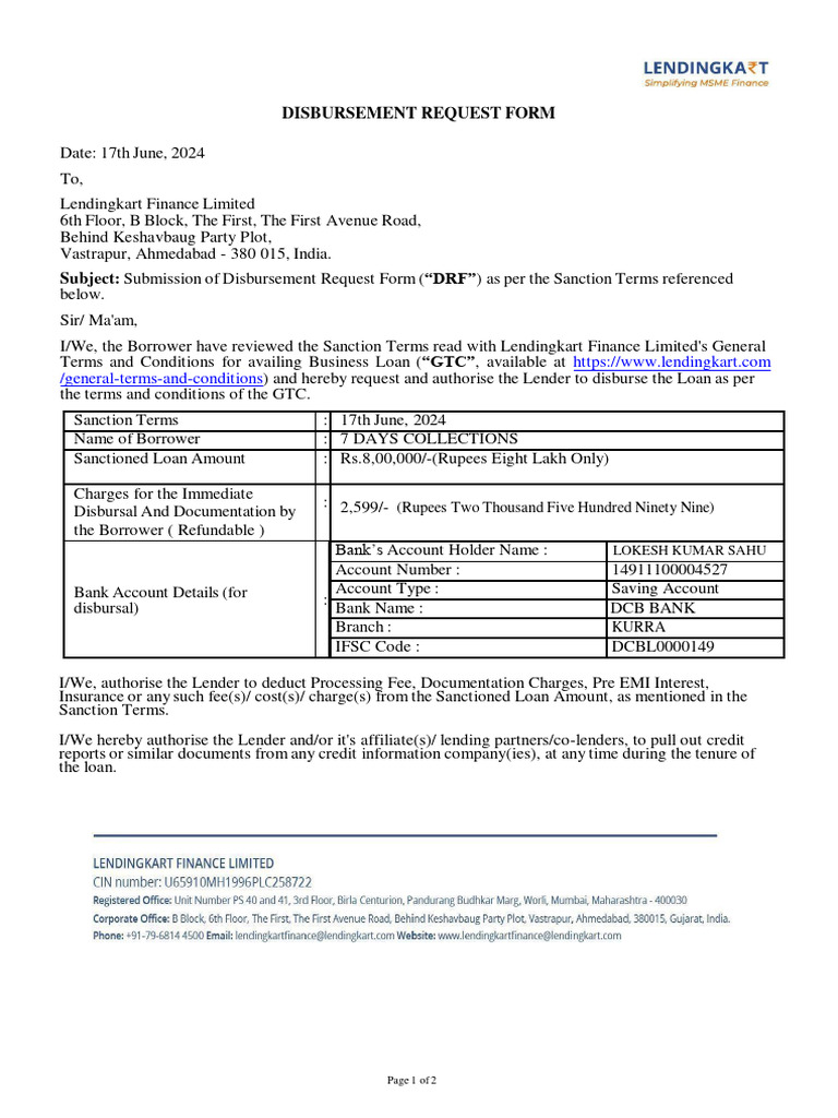 Disbursal Request Form 7 Days Collections | Download Free PDF | Loans ...