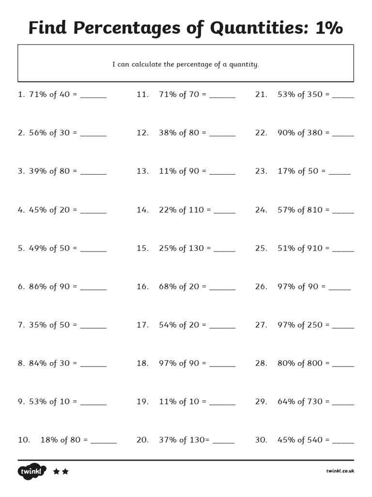 Find Percentages of Quantities 1% Activity Sheet | PDF