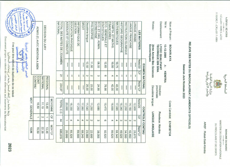 Releve de Note Aya | PDF