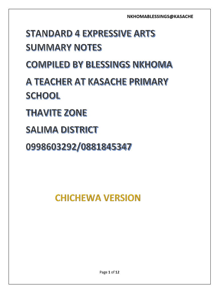 STD 4 Expressive Arts Notes (Chichewa) | PDF | Career & Growth ...