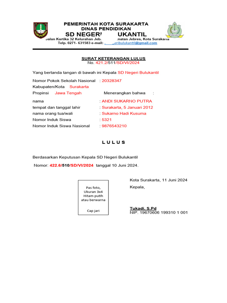 Contoh Surat Kelulusan Lulusa SDN Bulukantil | PDF