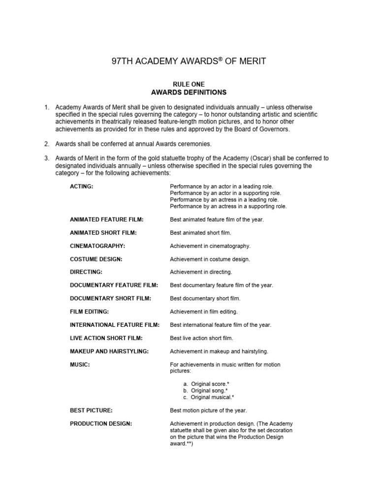 97th Oscars Complete Rules | PDF | Academy Awards | Animation