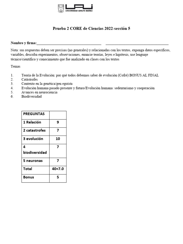 PAUTA Prueba 2 Core de Ciencia 2022 | PDF | Evolución | Humano