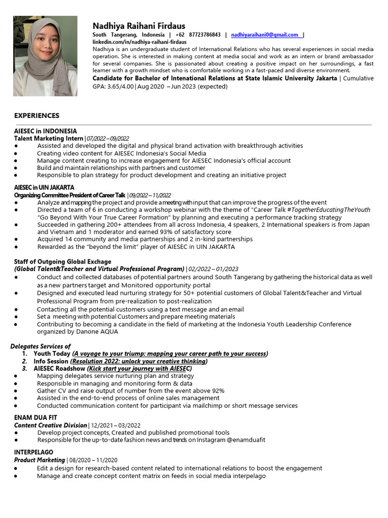 (Fix) Curriculum Vitae - Nadhiya Raihani Firdaus | PDF | Social Media | Popular Culture & Media ...