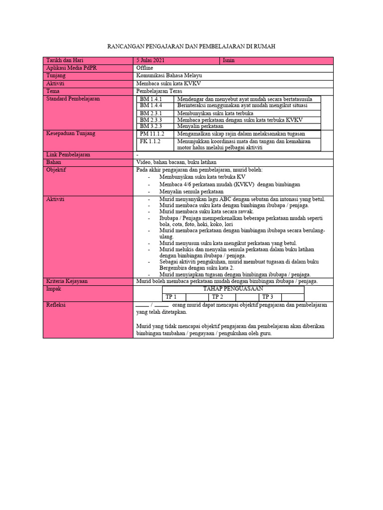 RPH PDPR 5 Julai New | PDF | Alphabet | Word