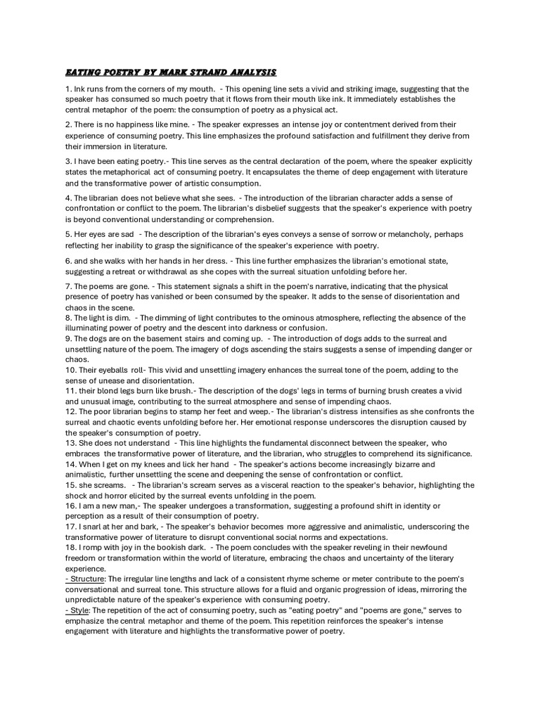 Eating Poetry by Mark Strand Analysis | PDF | Poetry