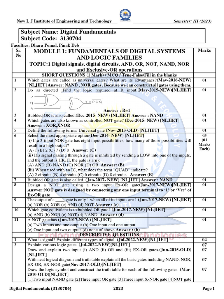 DF Question Bank Nljiet | PDF | Logic Gate | Binary Coded Decimal