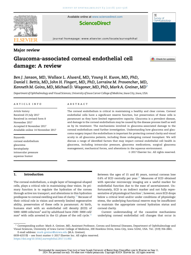 Glaucoma-Associated Endothelial Cell Damage - A Review | PDF | Glaucoma | Cornea