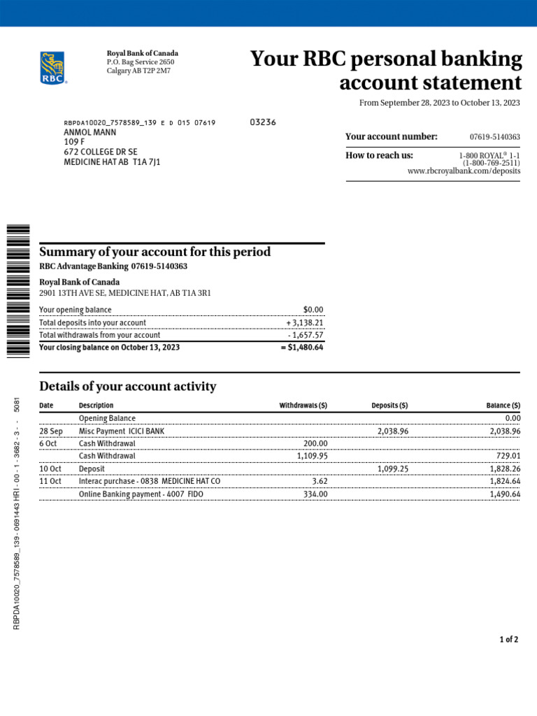 Your RBC Personal Banking Account Statement | PDF | Cheque | Deposit ...