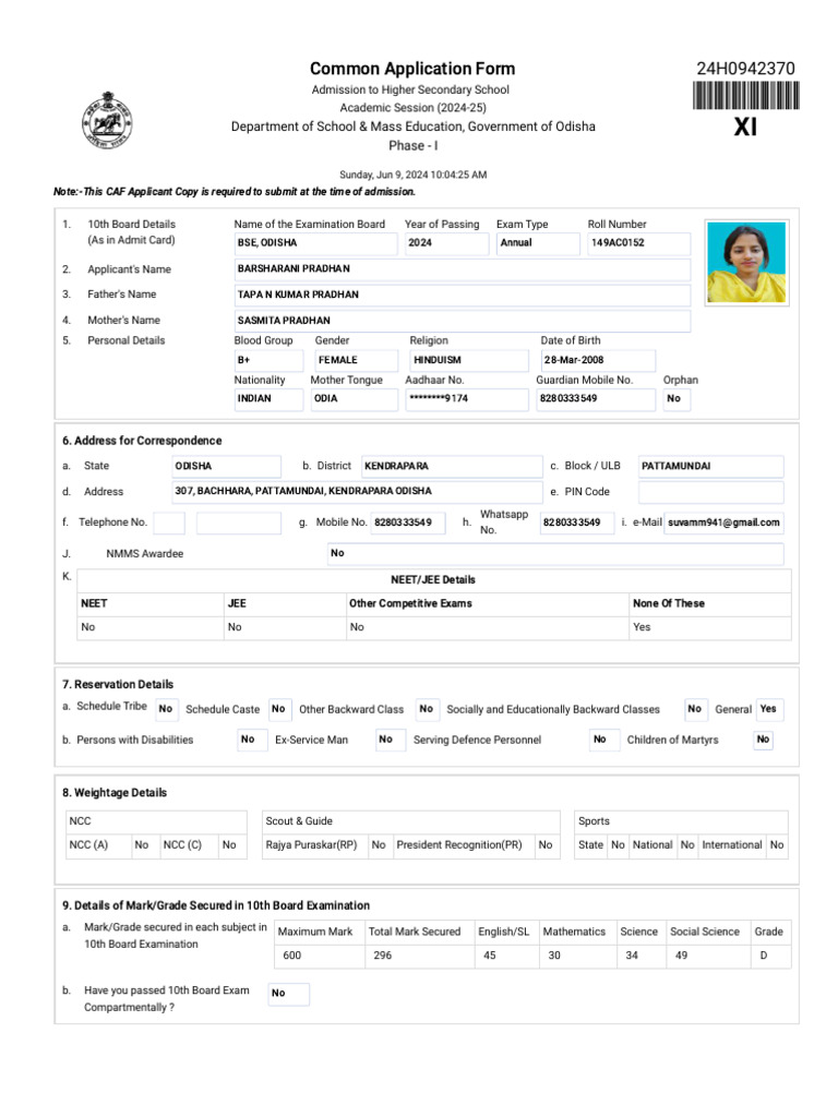 Odisha Higher Secondary Admission Form | PDF