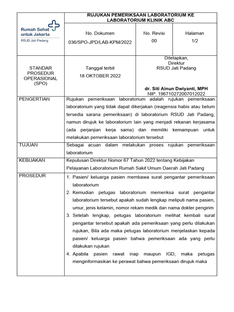 Sop Rujukan Pemeriksaan Laboratorium Ke Laboratorium Klinik Abc | PDF | Sains & Matematika
