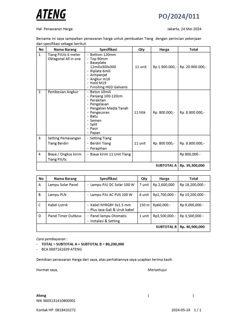 Penawaran ATENG - 2024 011 11x Tiang PJU | PDF
