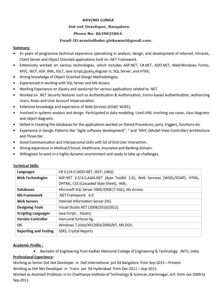 Senior .NET Developer Profile | PDF | World Wide Web | Internet & Web