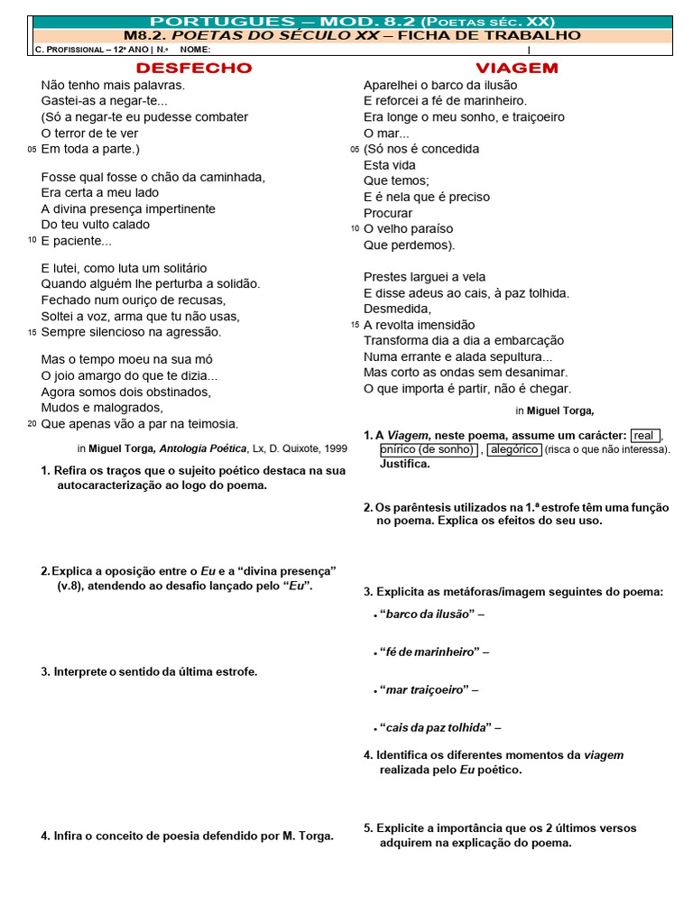 12º M8 - Poesia AA Contemp - FT Aval Formativa M Torga - Desfecho e Viagem | PDF | Poesia