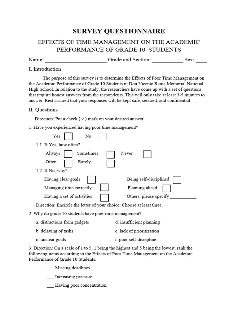 Survey Questionnaire Poor Time Management | PDF | Disciplines