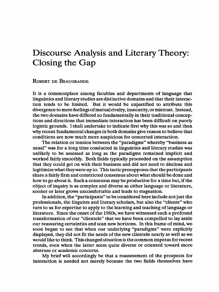 Discourse Analysis and Literary Theory - Closing The Gap ROBERT DE ...