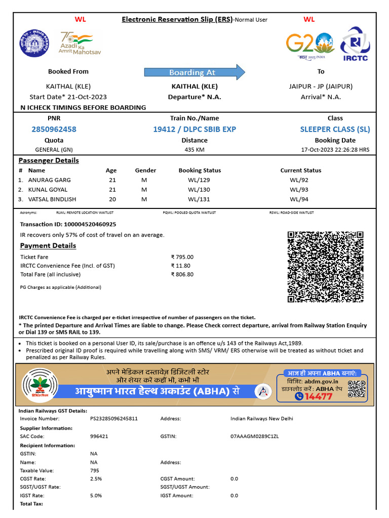 Kaithal To Jaipur Ticket | Download Free PDF | Identity Document