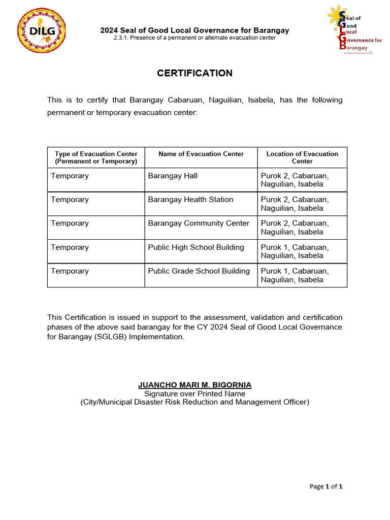 2.3.1 Certification On Evacuation Center | PDF