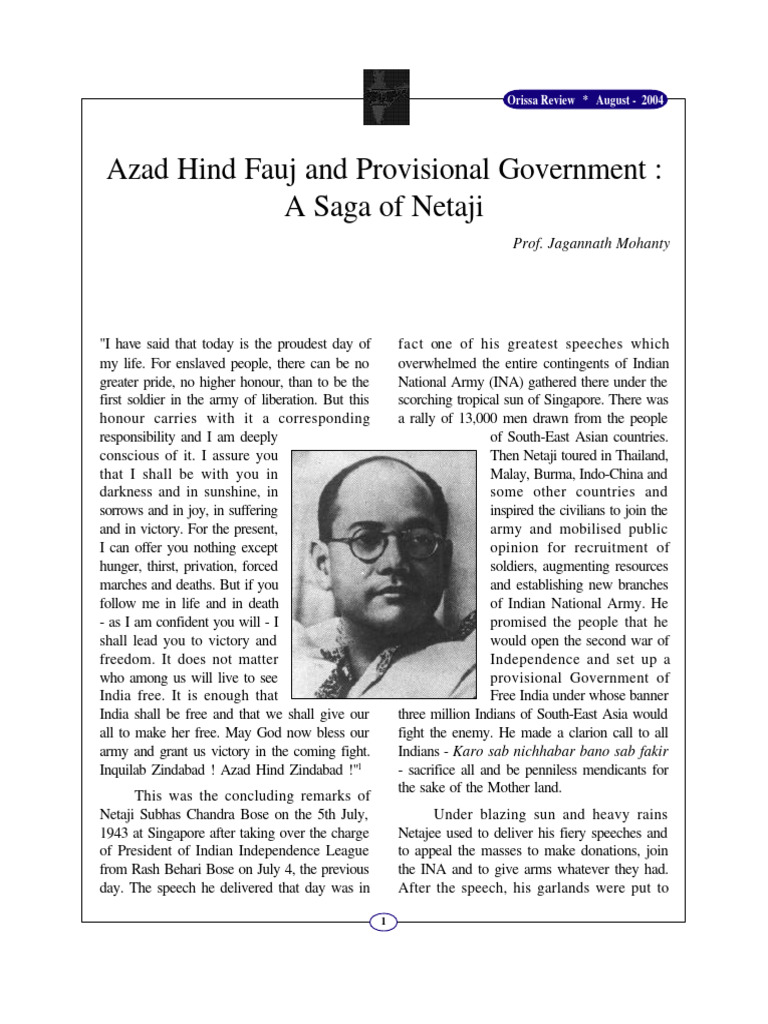 Azad Hind Fauj and Provisional Government A Saga of Netaji - Mohanty | PDF | Politics