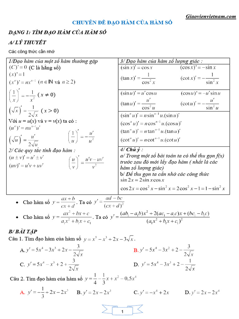 Cac Dang Toan Ve Dao Ham Cua Ham So Cach Tinh Va Bai Tap AP Dung Toan Lop 11 | PDF