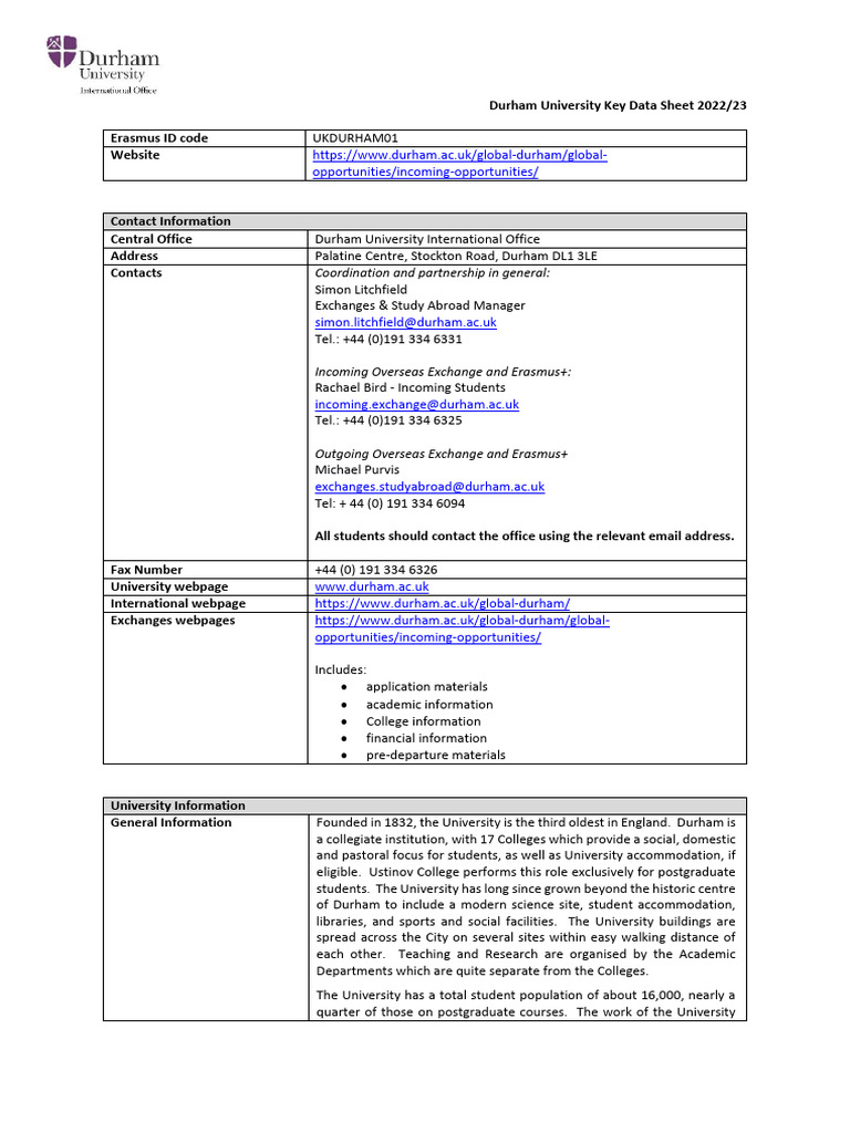 Durham University Key Data Sheet 2022 23 | PDF | College | Academic Term
