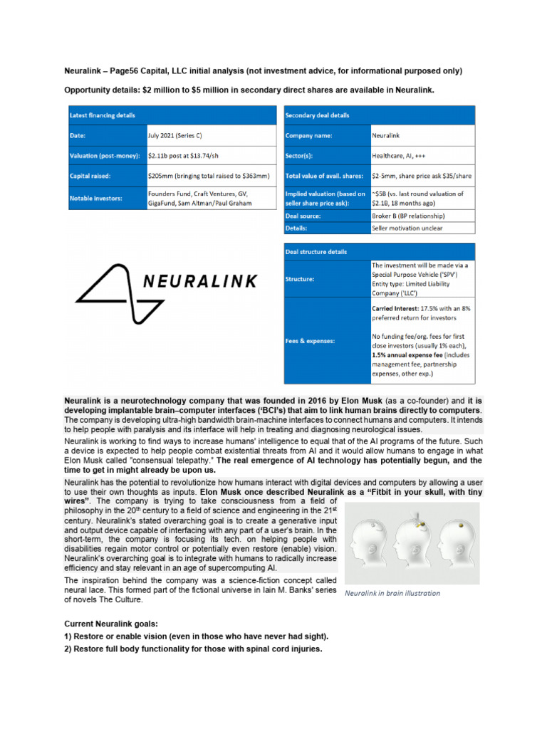 Neuralink Investment and Goals Overview | PDF | Neuroscience