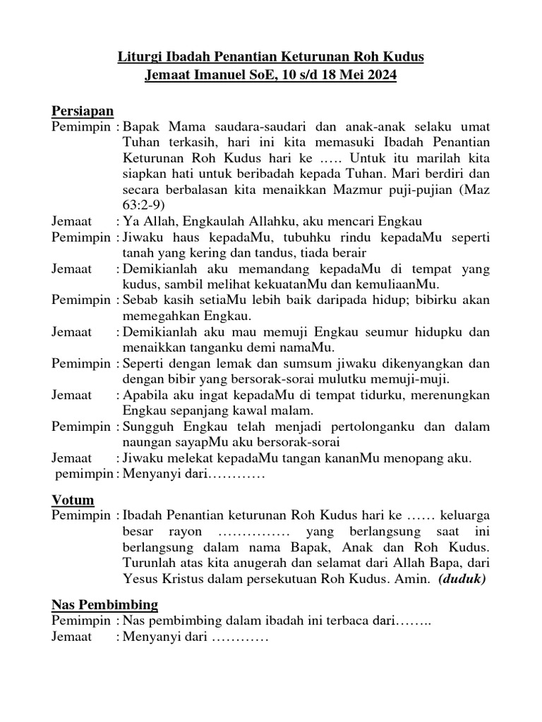 Liturgi Ibadah Penantian Keturunan Roh Kudus 2024 | PDF
