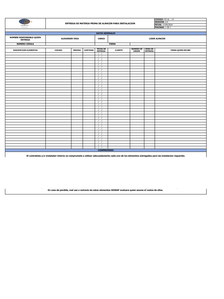 Fo-Al-014 Formato de Entrega de Materiales para Instalacion | PDF