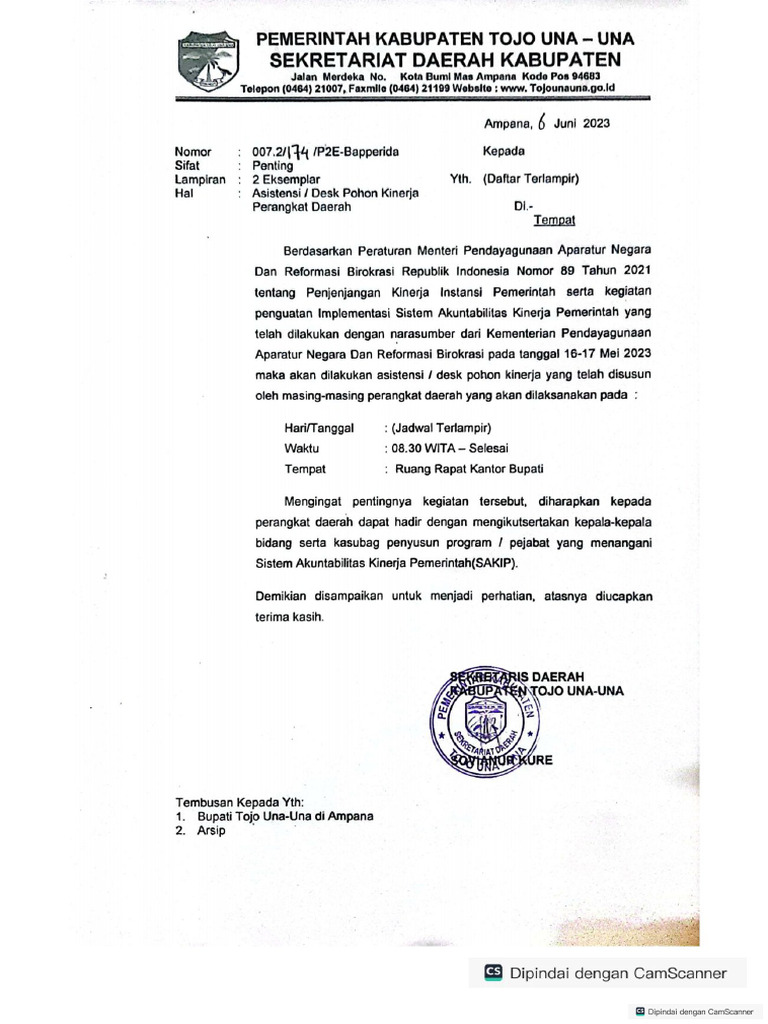 Surat Asistensi Desk Pohon Kinerja Perangkat Daerah | PDF