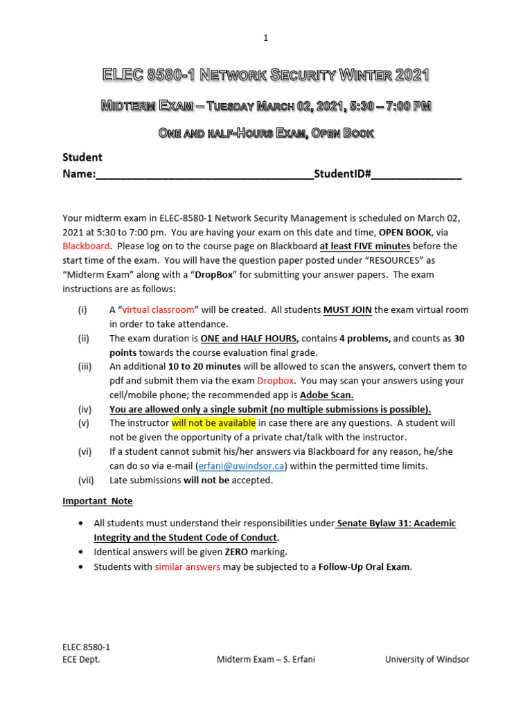 Midterm ELEC8580 March02 2021 | PDF | Public Key Cryptography | Computer Network