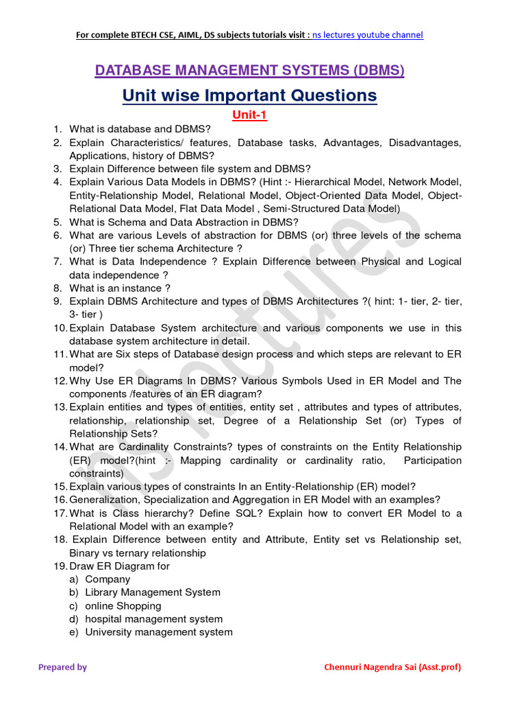 DBMS Unitwise Imp Questions | PDF | Relational Model | Relational Database