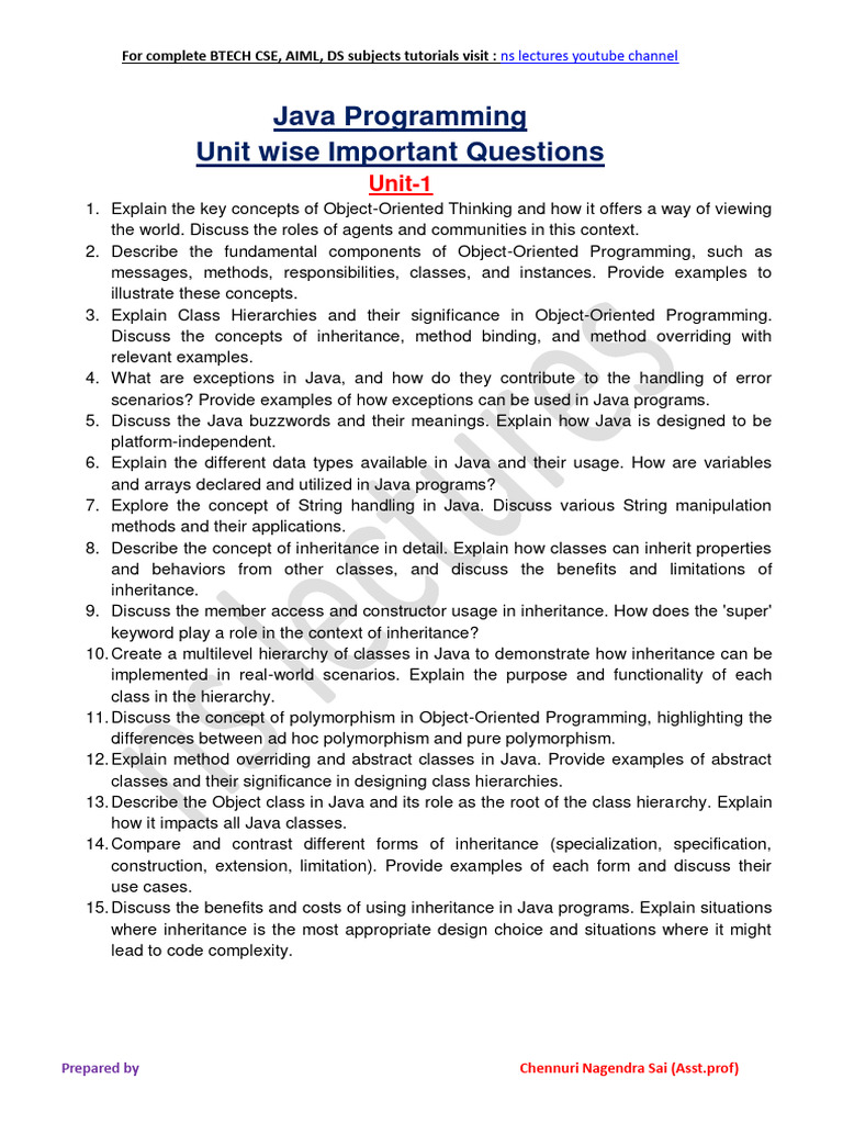 Java Unitwise Imp Questions Pdf Class Computer Programming Method Computer Programming