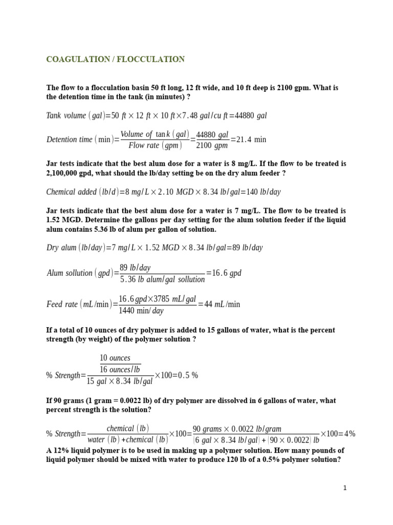 Coagulation Flocculation Calculation | PDF | Gallon
