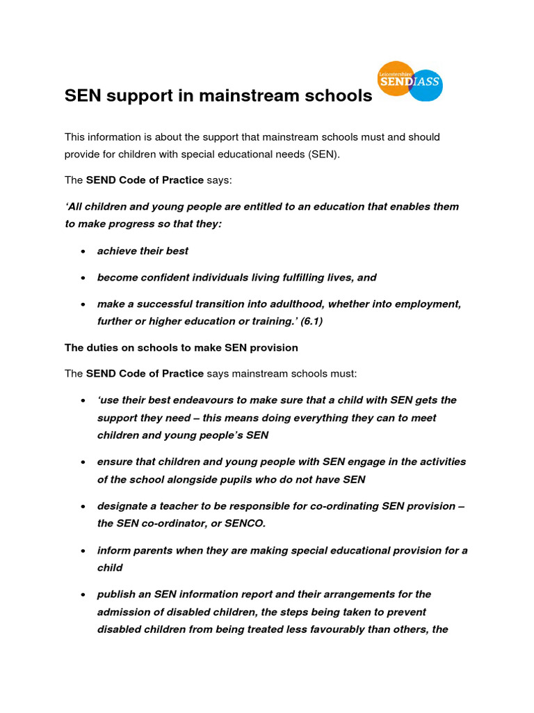 SEND Support in Mainstream Schools Leaflet | PDF | Special Education