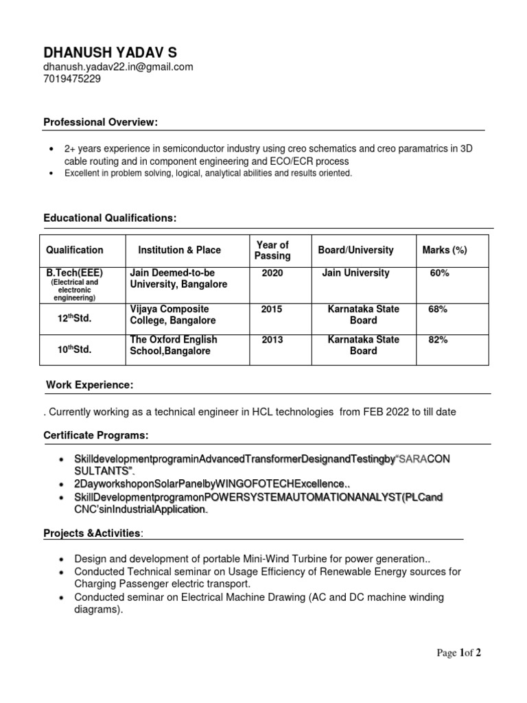 Dhanush Yadav Resume-Converted Updated | PDF | Engineering | Electrical ...