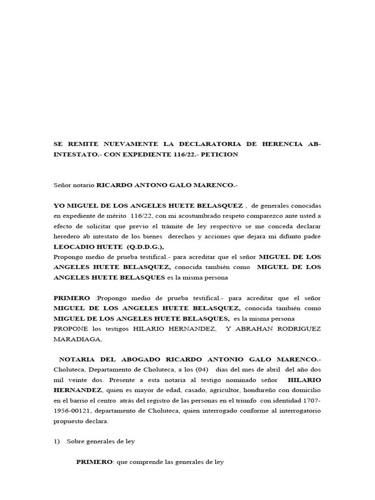 Declaratoria de Herencia Miguel | PDF | Documento de identidad | Honduras