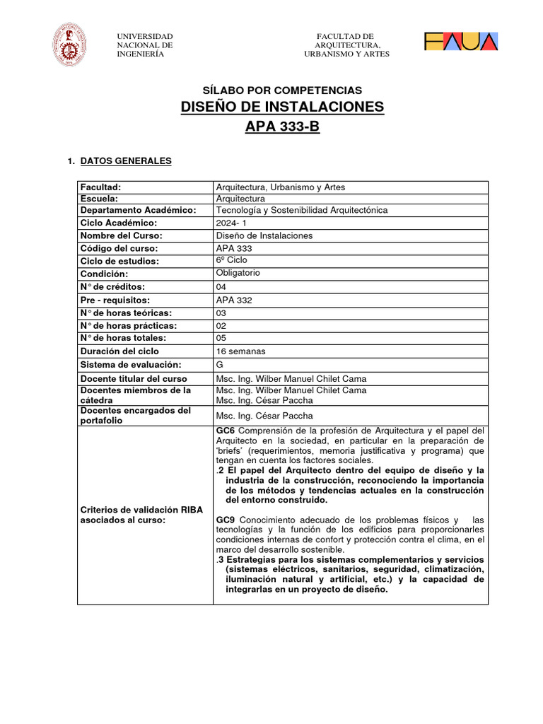 SILABO APA 333 DISEÑO DE INSTALACIONES. B. 2024-1 FAUA UNI | Descargar gratis PDF | Arquitecto ...